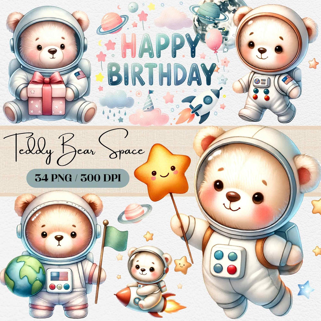 Adorable Watercolor Teddy Bear Space Clipart, Cute Cosmic Digital ...