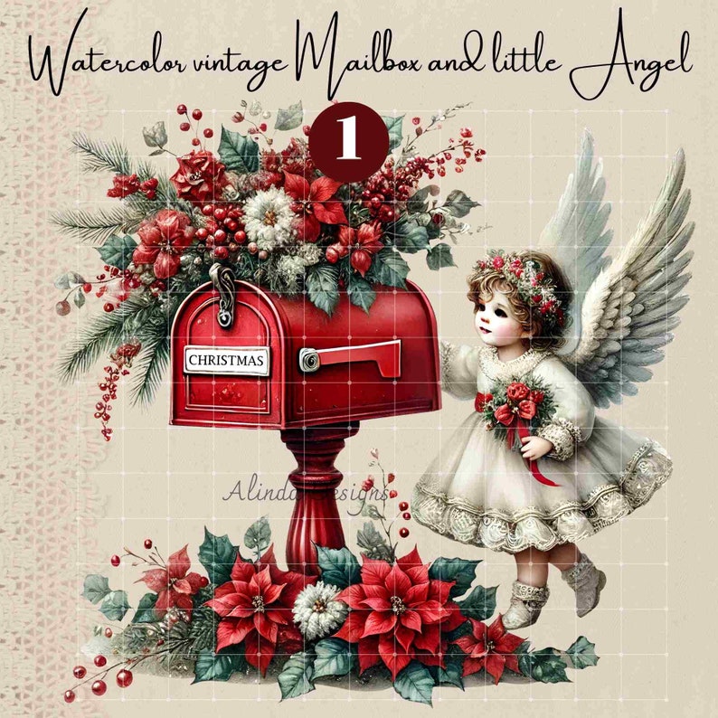 Watercolor Christmas Vintage Mailbox and Angel Clipart, Holiday Retro ...