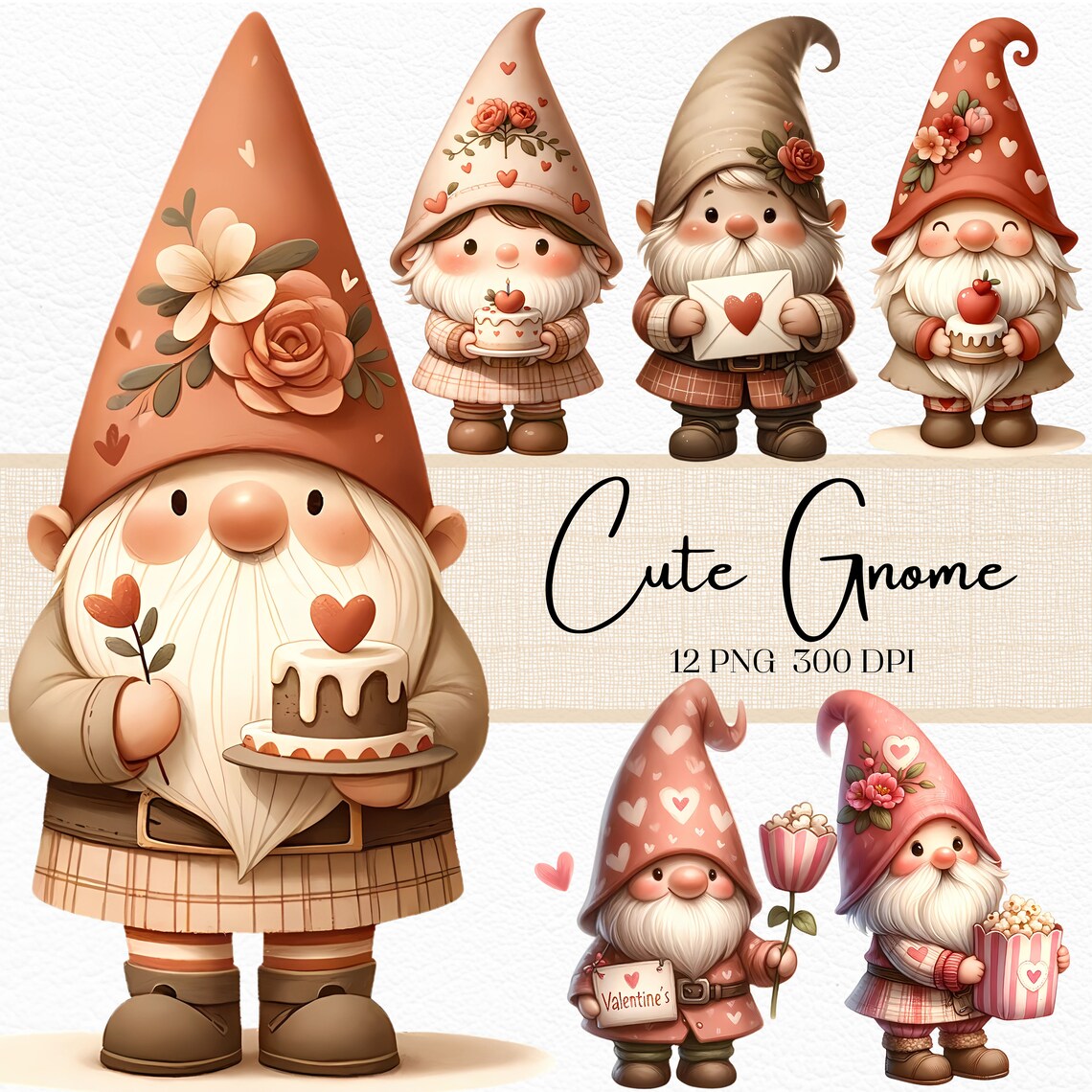Valentines Gnomes Clipart, Watercolor Valentines Clipart, Bundle, Love ...