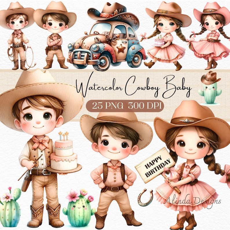 Watercolor Cowboy Baby Clipart, Cute Western Theme Nursery Art, Digital ...