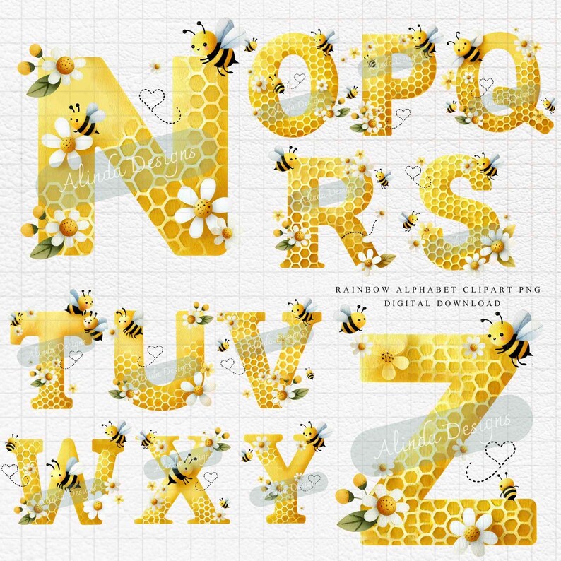 Bee Alphabet Clipart Letters, Honeycomb & Daisy Bumble Bee PNG for Kids ...