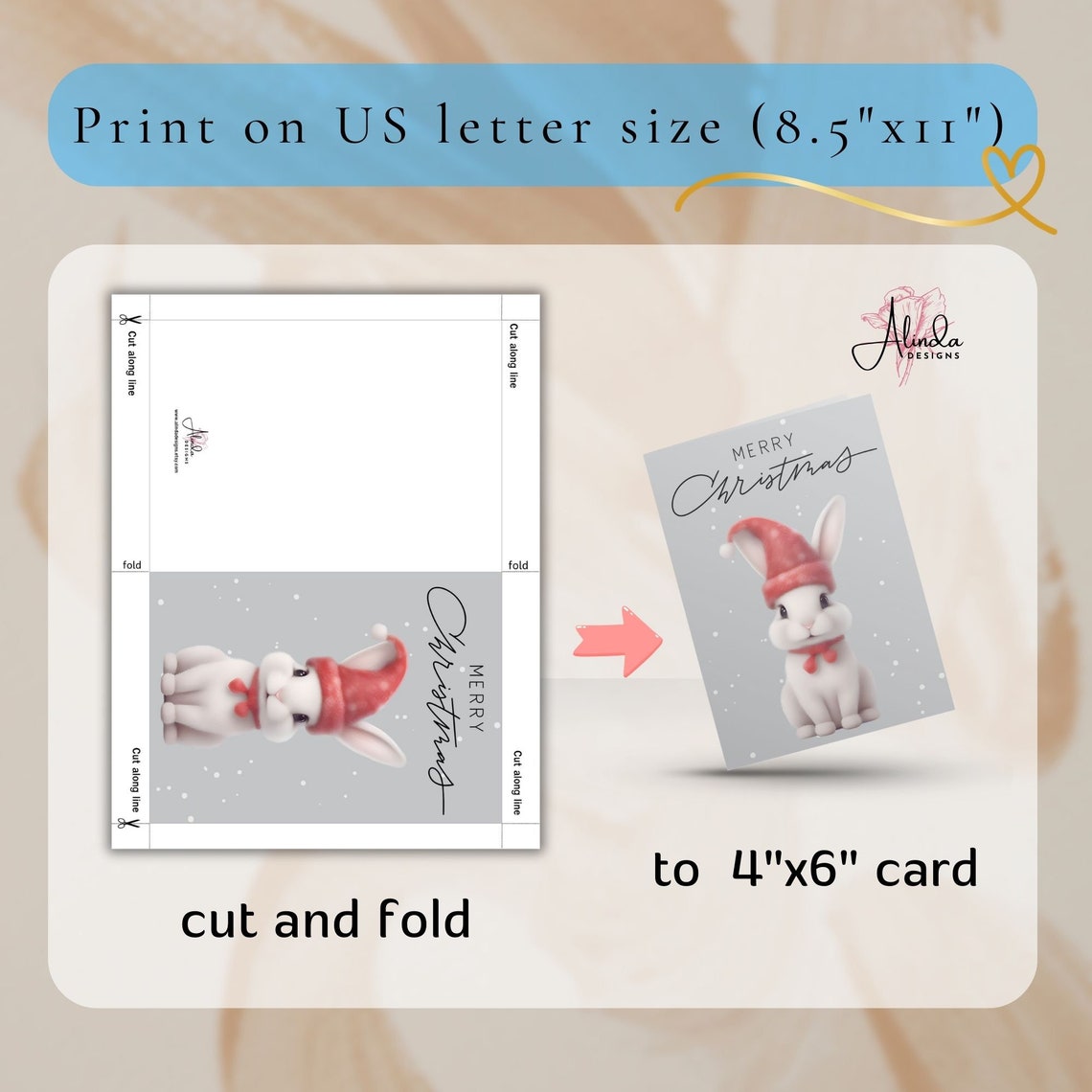 Card Christmas Printable Printable Christmas Card Bunny - Etsy