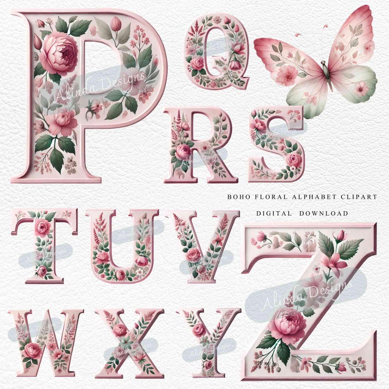 BOHO Floral Alphabet Clipart, Pink Botanical Letters PNG, Digital ...