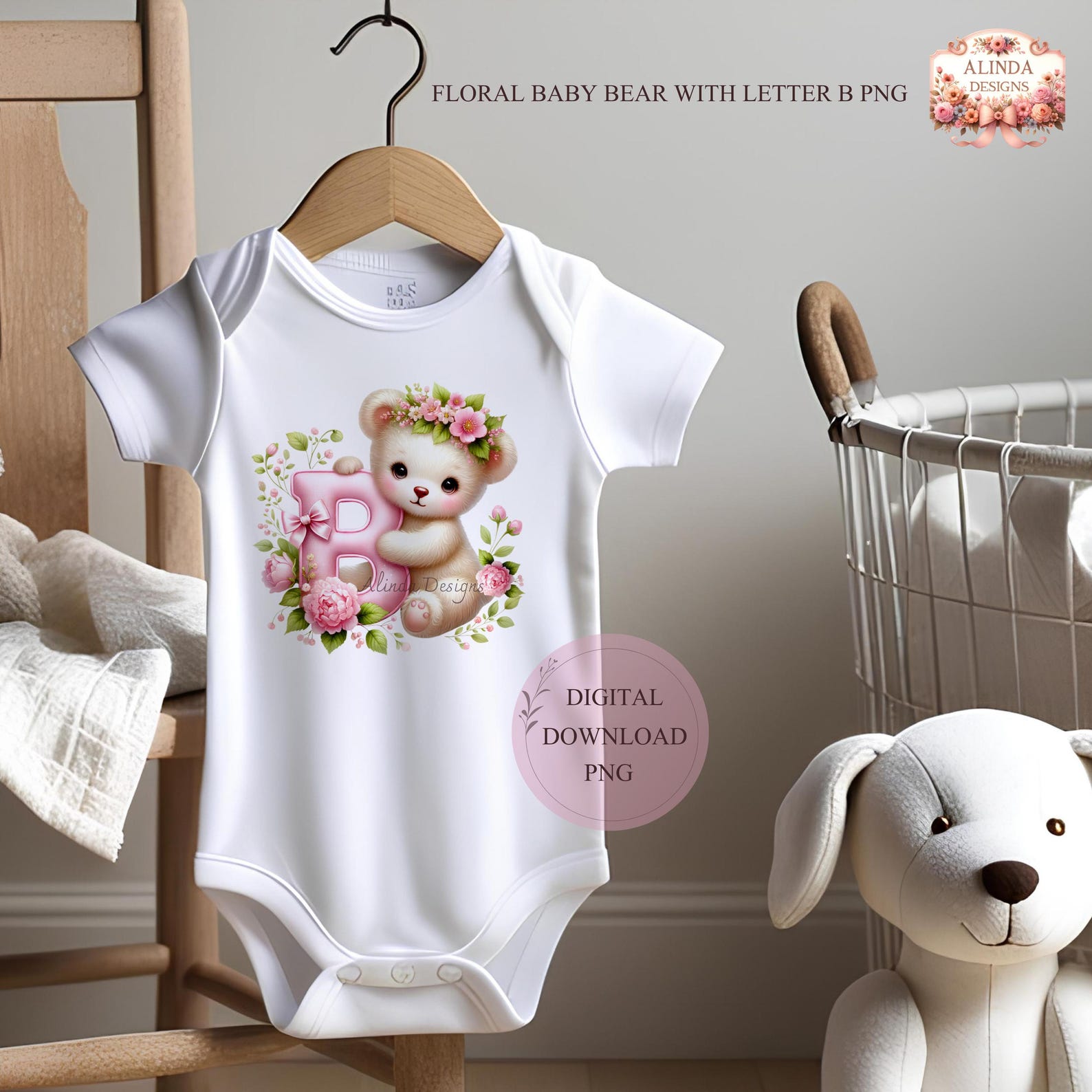 Floral Baby Bear Letter B PNG: Nursery Alphabet Clipart Digital ...