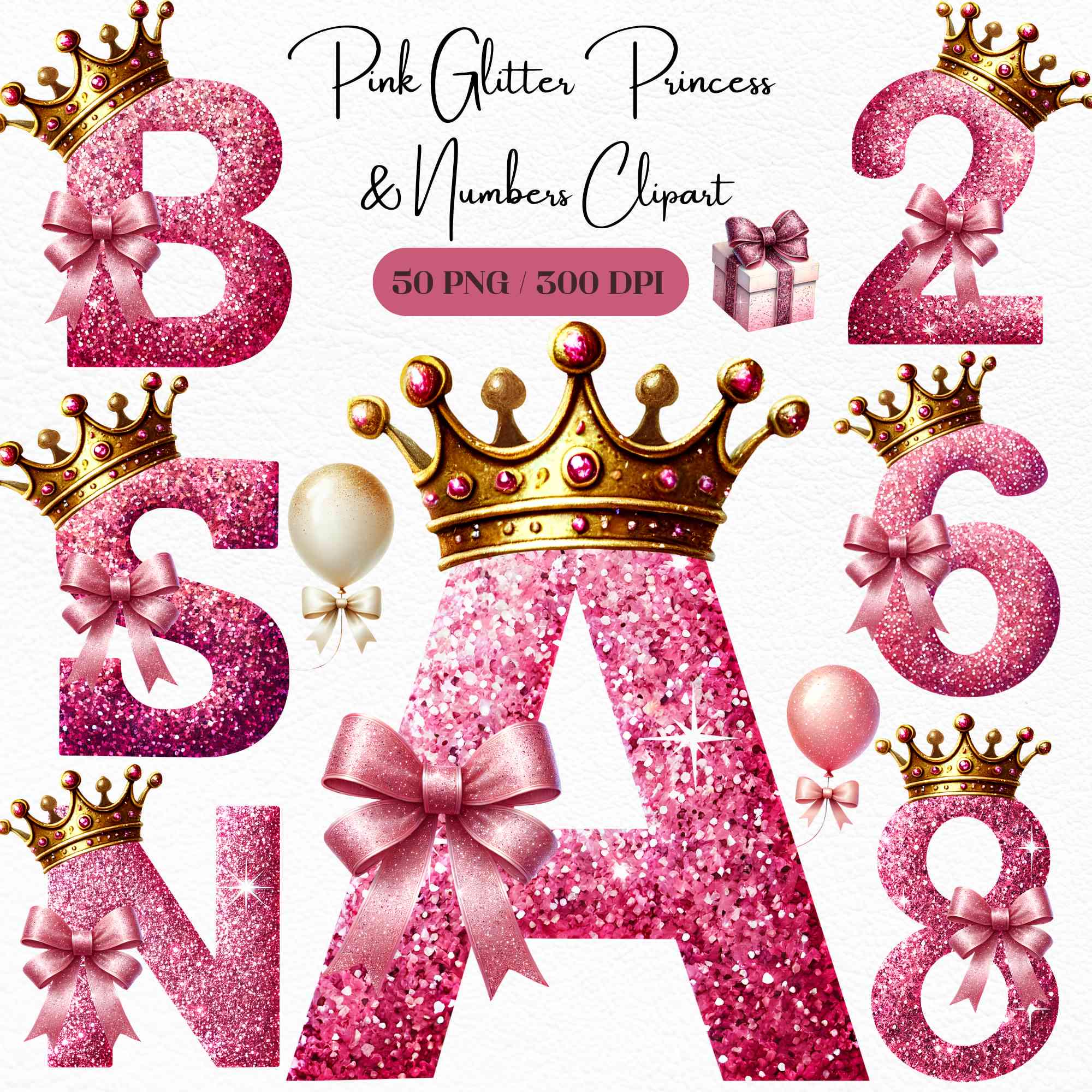 Pink Glitter Princess Alphabet Clipart, Crown Letters PNG for Girl ...