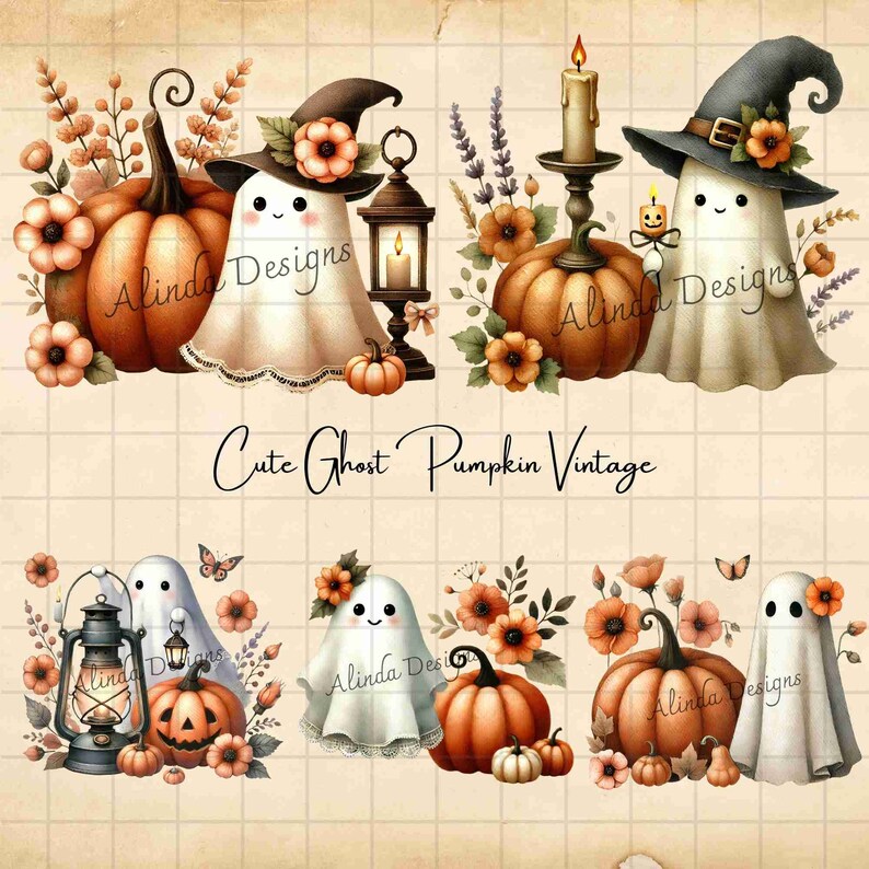 Watercolor Cute Ghost Pumpkin Clipart, Vintage Halloween Digital ...