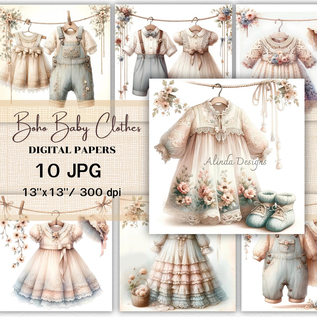 Boho Baby Clothes Watercolor Clipart JPG, Instant Download JPG, Nursery ...