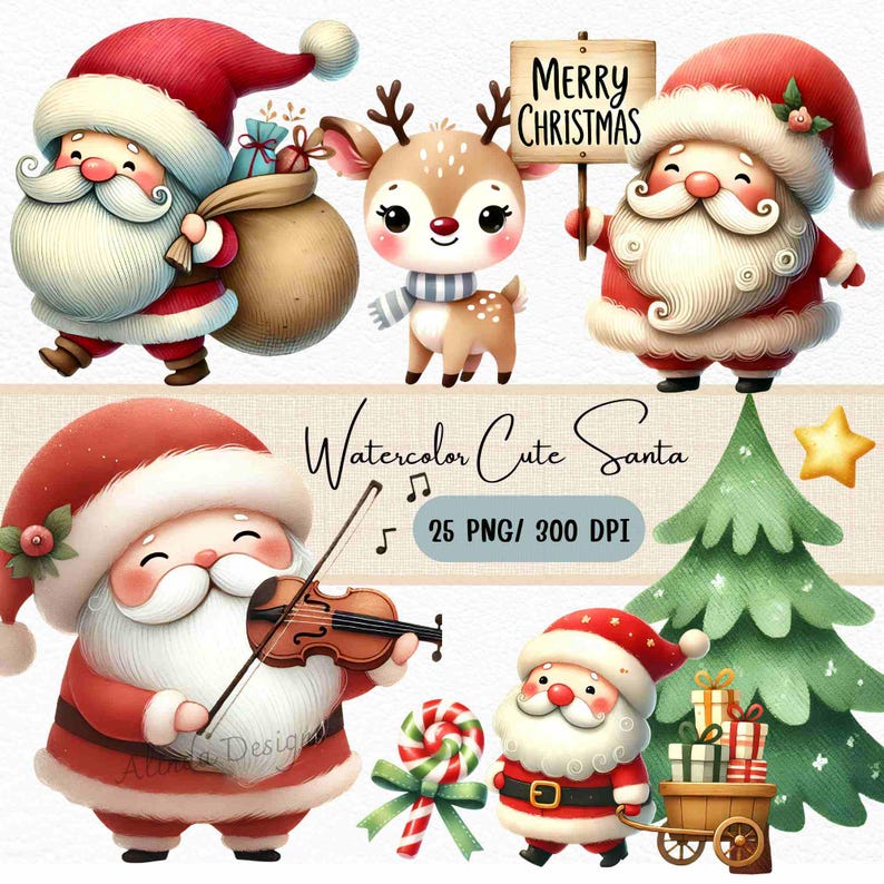 Watercolor Santa Clipart, Christmas PNG Images (digital Download) - Etsy