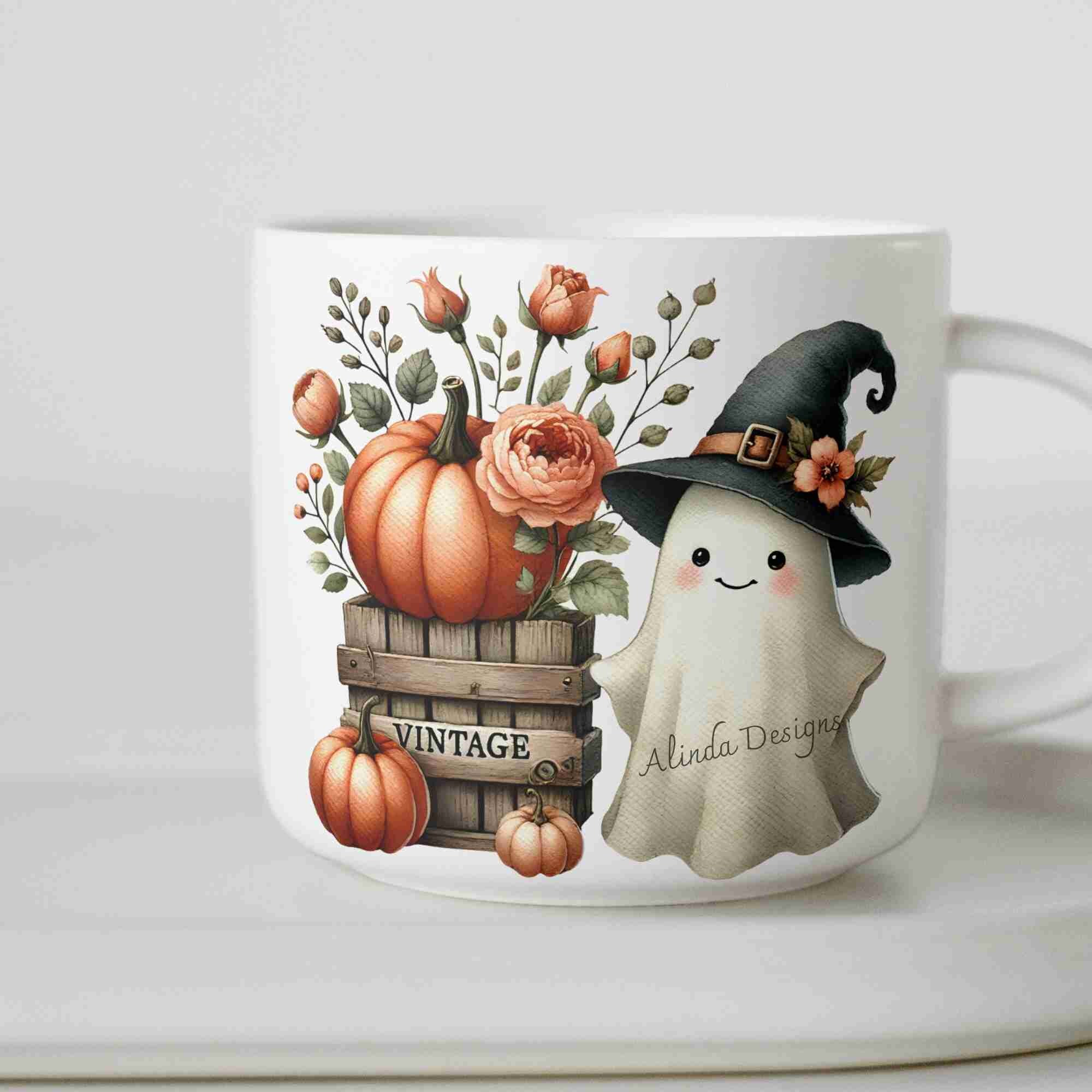 Watercolor Cute Ghost Pumpkin Clipart, Vintage Halloween Digital ...