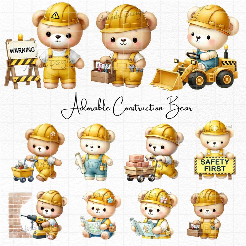 Adorable Construction Bear Clipart, Digital Download, Cute Construction ...