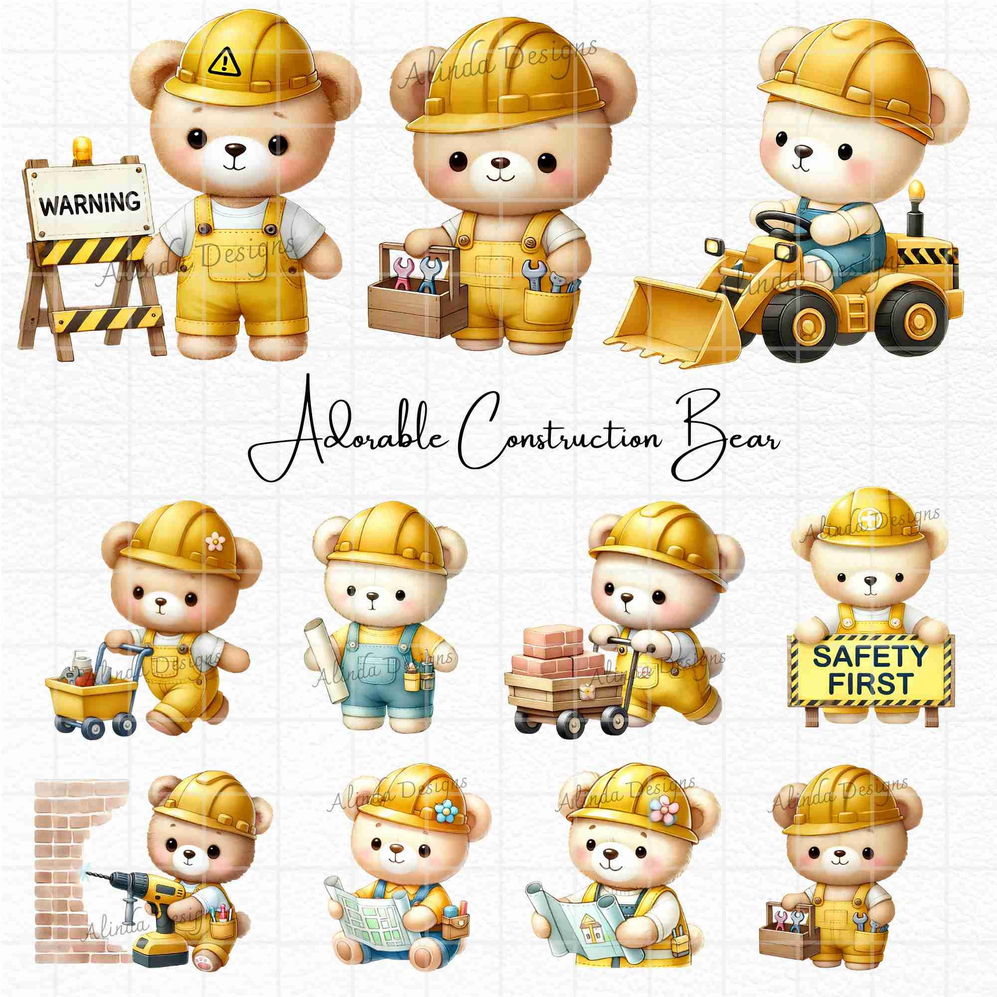 Adorable Construction Bear Clipart, Digital Download, Cute Construction ...