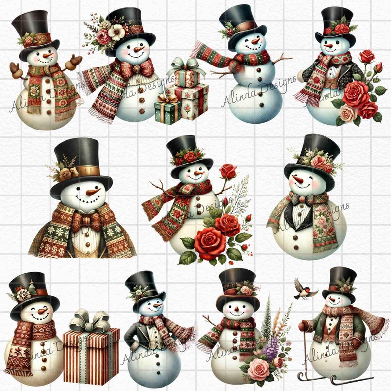 Retro Christmas Snowman Clipart: Vintage Holiday Graphics (PNG, Digital ...