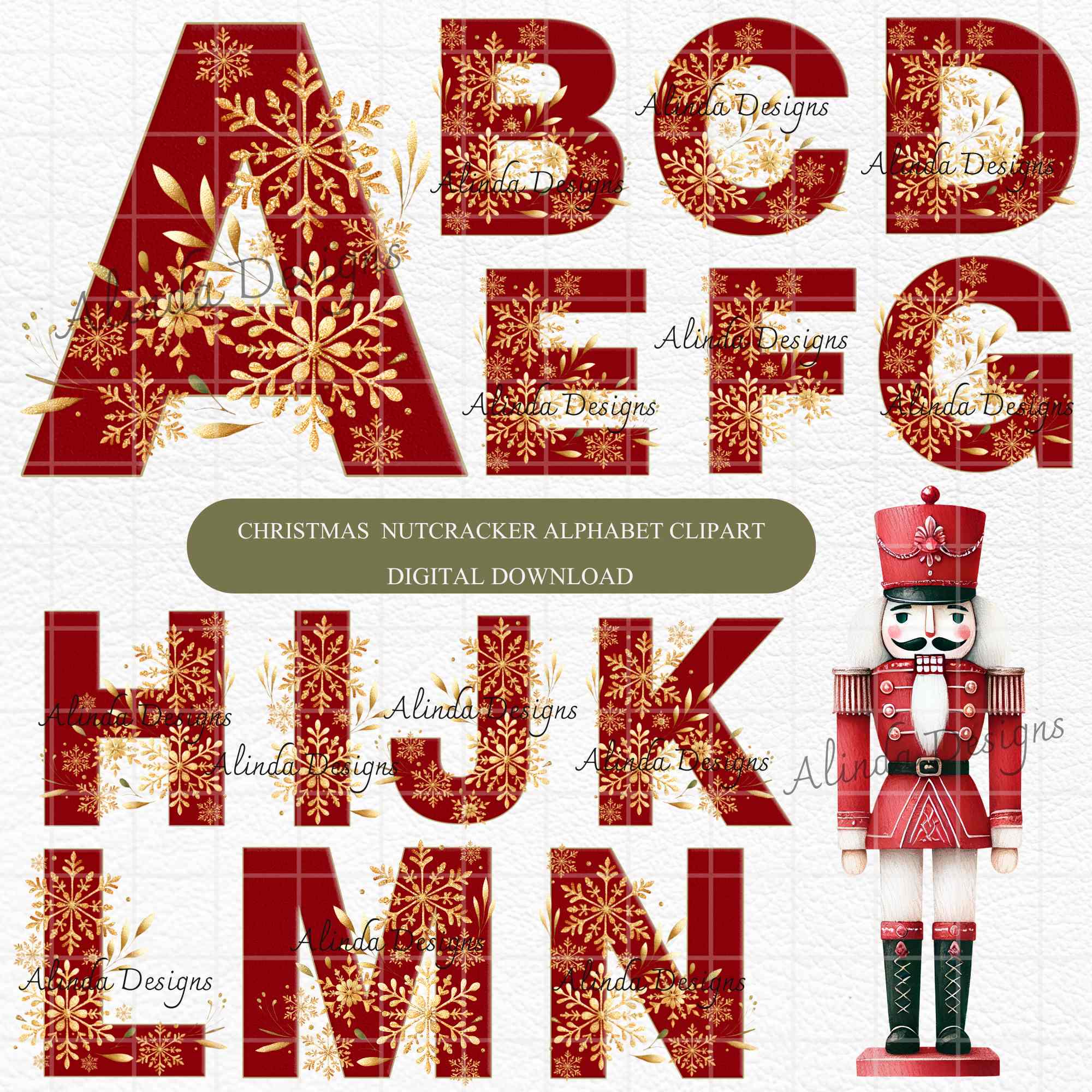 Christmas Nutcracker Alphabet Clipart: Red & Gold Snowflake Letters PNG ...