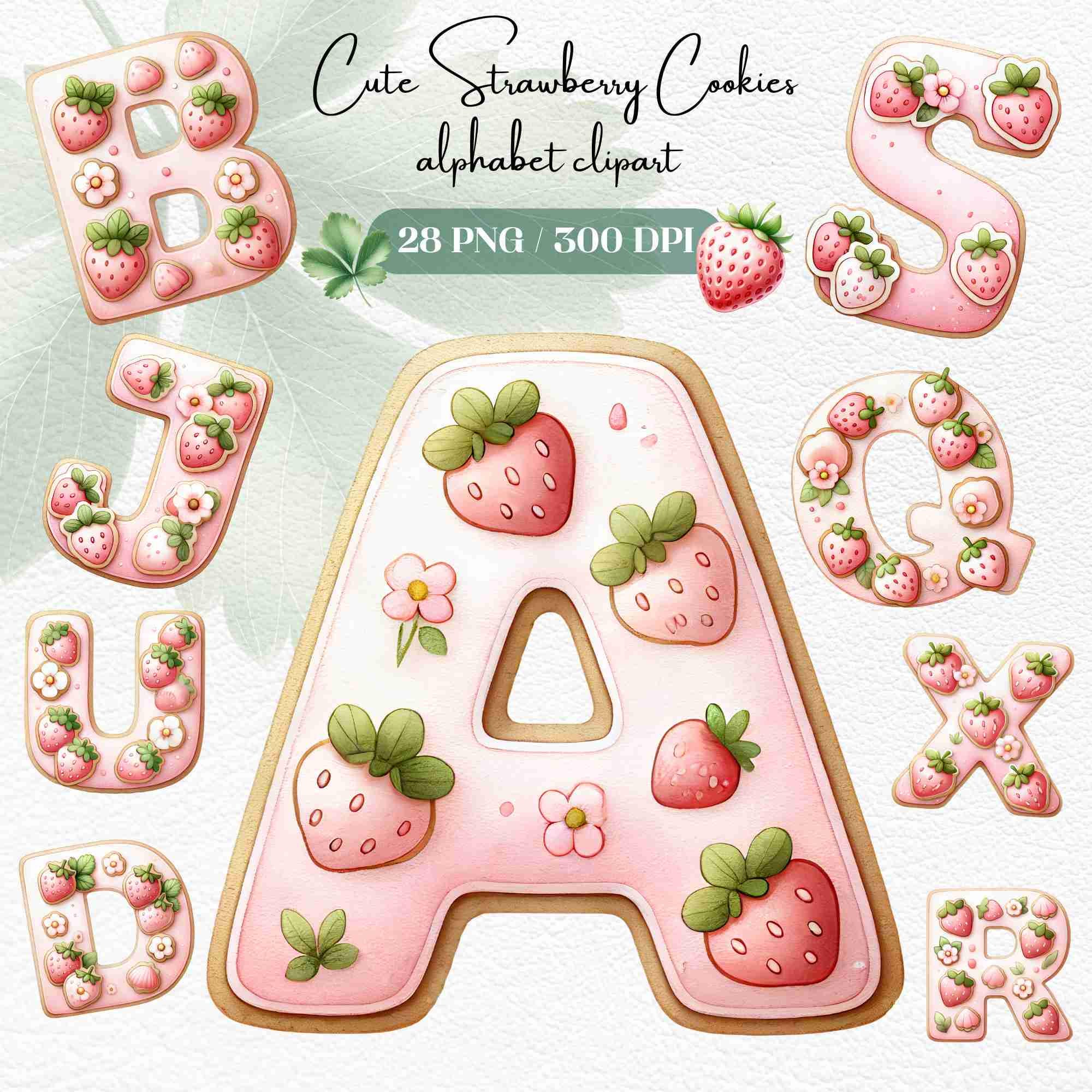 Strawberry Cookie Alphabet Clipart: Sweet Dessert Letters (PNG, PDF) - Etsy