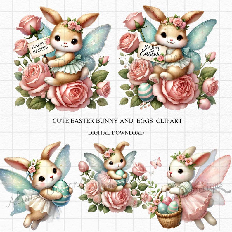 Easter Bunny Clipart, Spring Floral Illustrations - Etsy