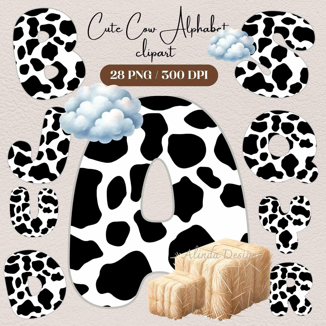 Cute Cow Print Alphabet Clipart, Farm-themed Letters, 28 Pngs for Baby ...