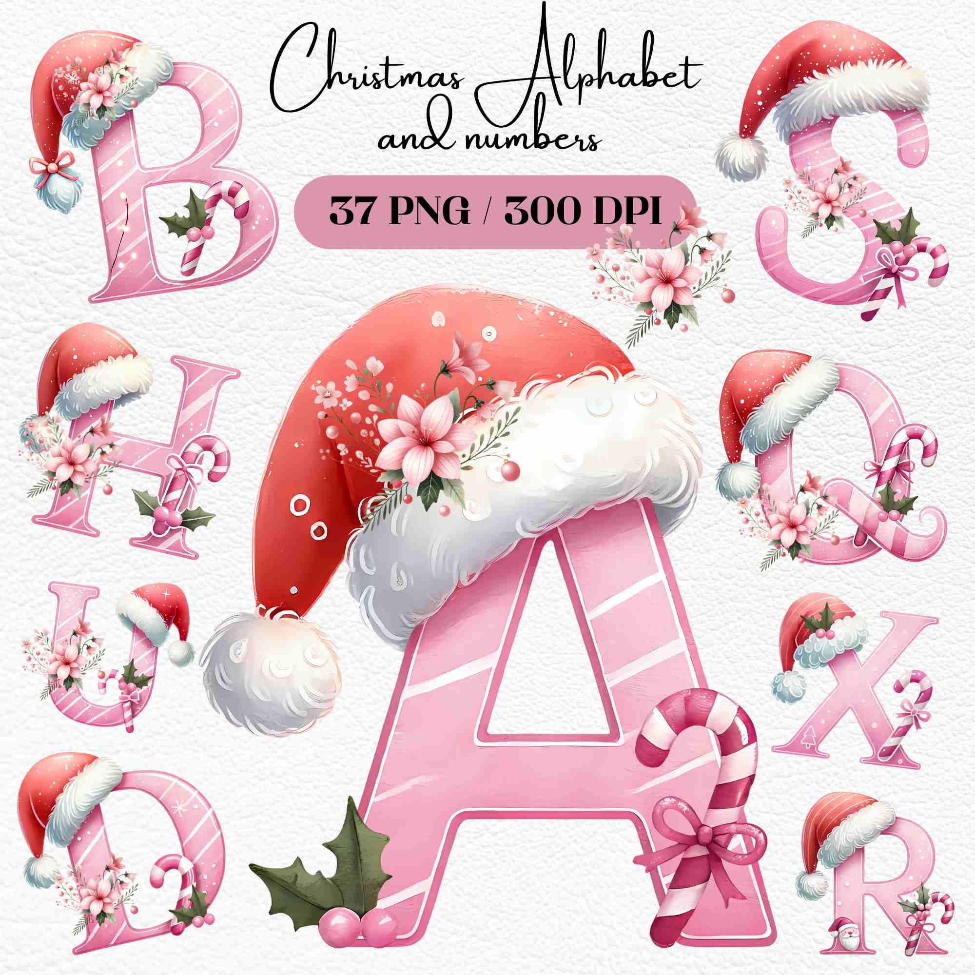 Christmas Watercolor Alphabet Clipart: Pink Holiday Letters (PNG, PDF ...