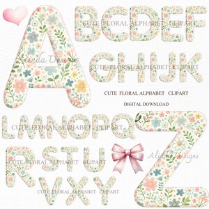 Cute Floral Alphabet Clipart, Watercolor Pastel Letters Png, Digital ...