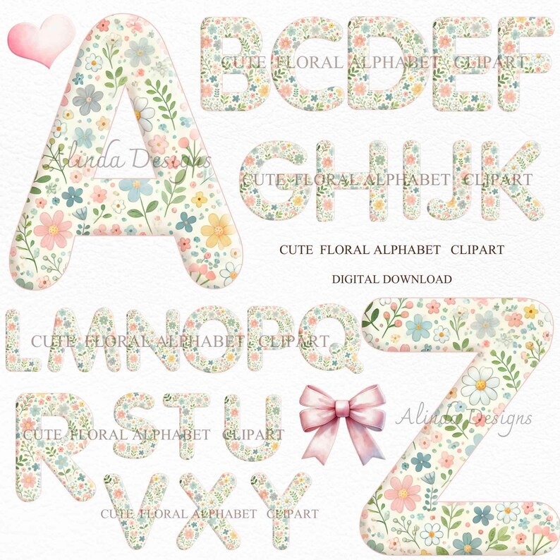 Watercolor Floral Alphabet Clipart: Pastel Kawaii Font (PNG Digital Set ...