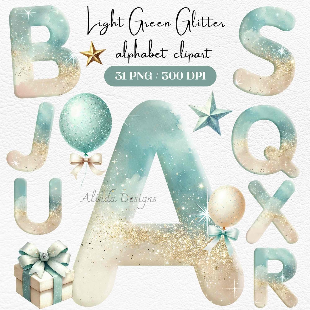 Light Green Glitter Alphabet Clipart , Pastel Gold PNG for Baby Shower ...