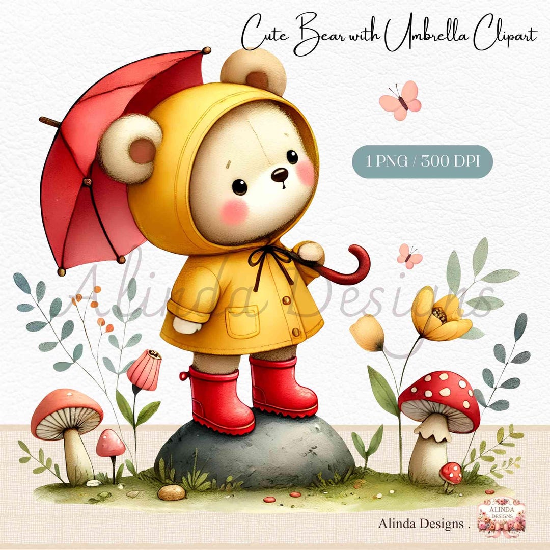 Cute Bear With Umbrella PNG, Rainy Day Animal Clipart for Kids Crafts ...
