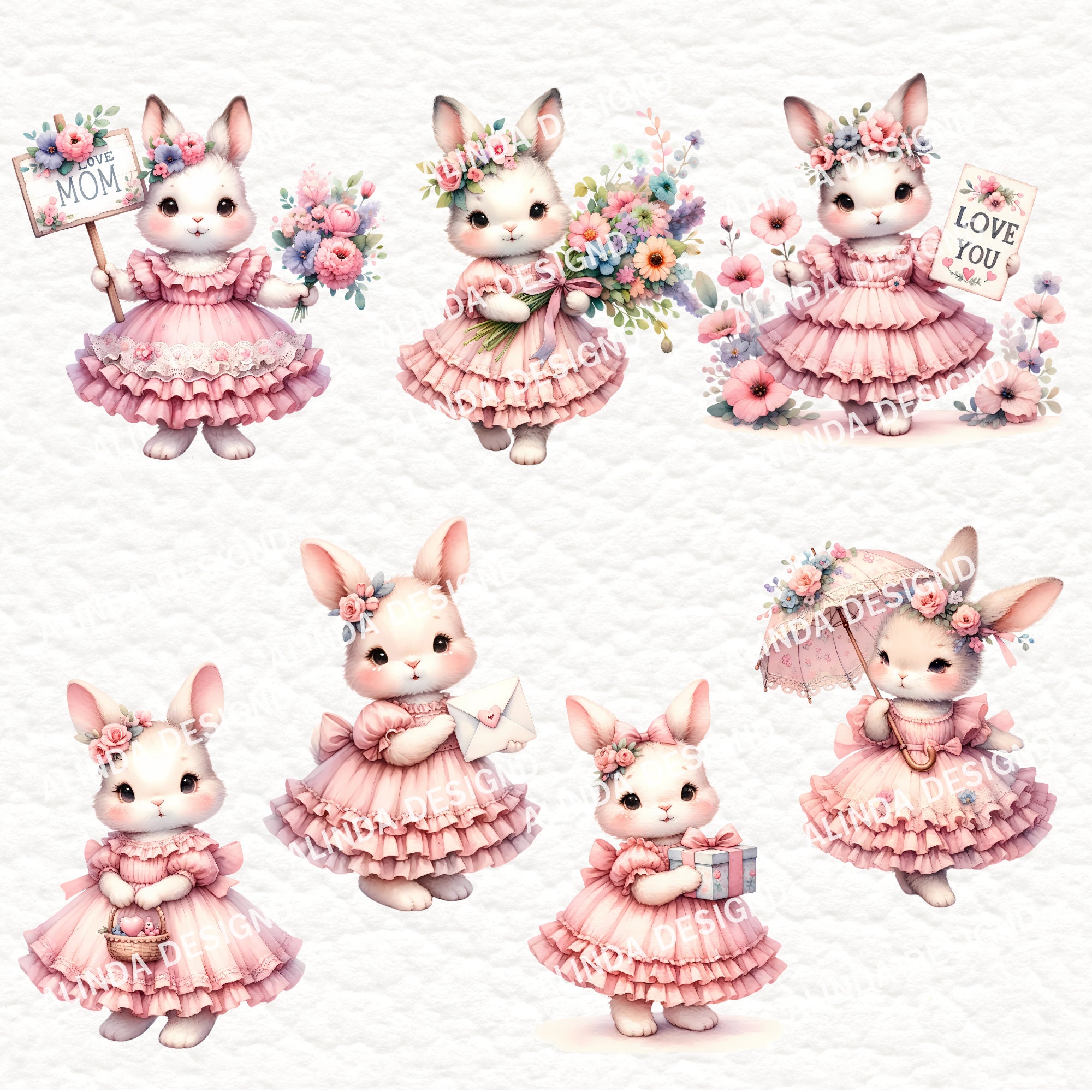 Bunnies Clipart, Spring Clipart Set, Easter Clipart Retro, Cute Bunny ...