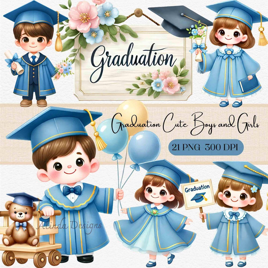 Cute Graduate Kids Clipart, Blue & Gold, Graduation PNG (digital ...
