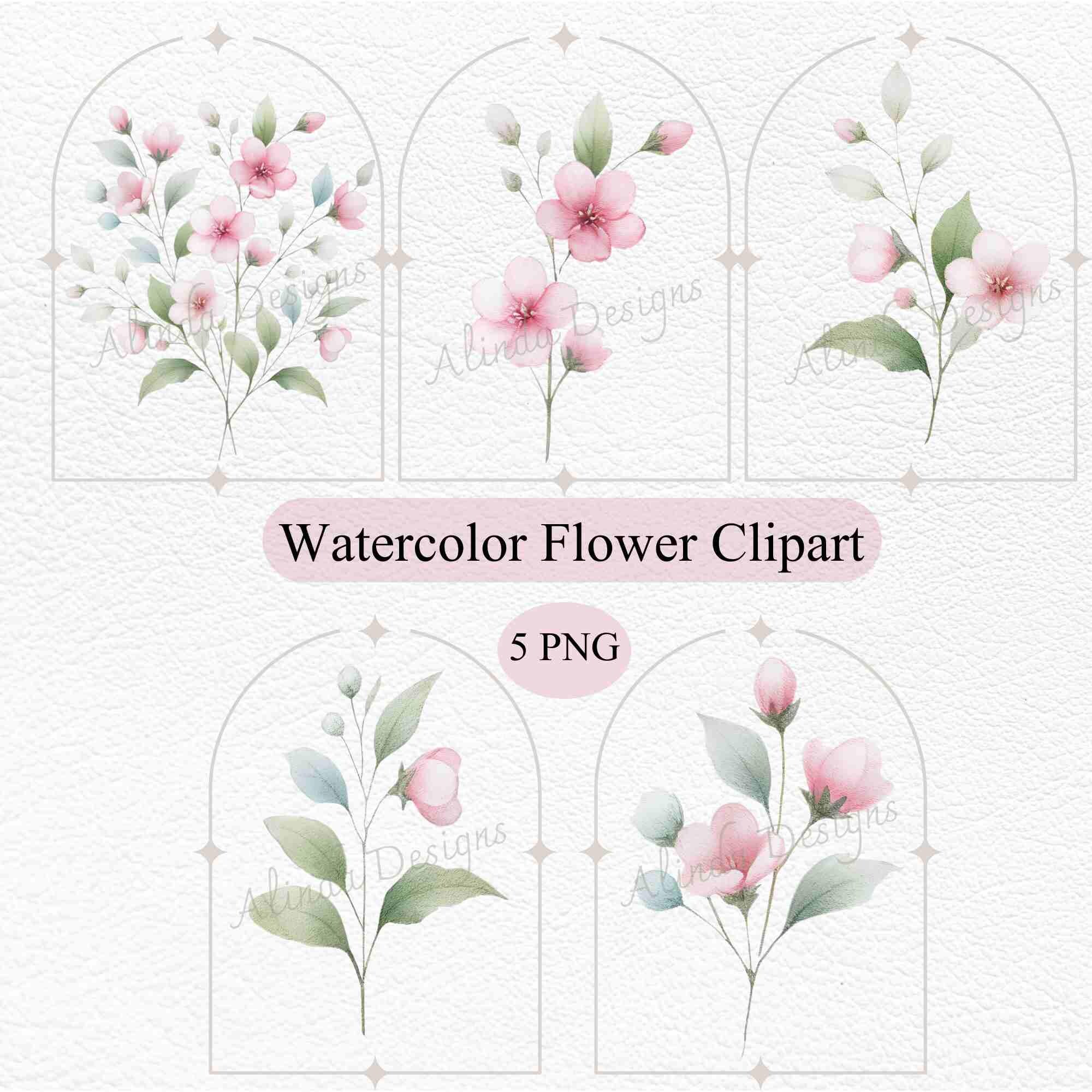 Watercolor Pink Flowers Clipart: Floral Illustrations (PNG) - Etsy