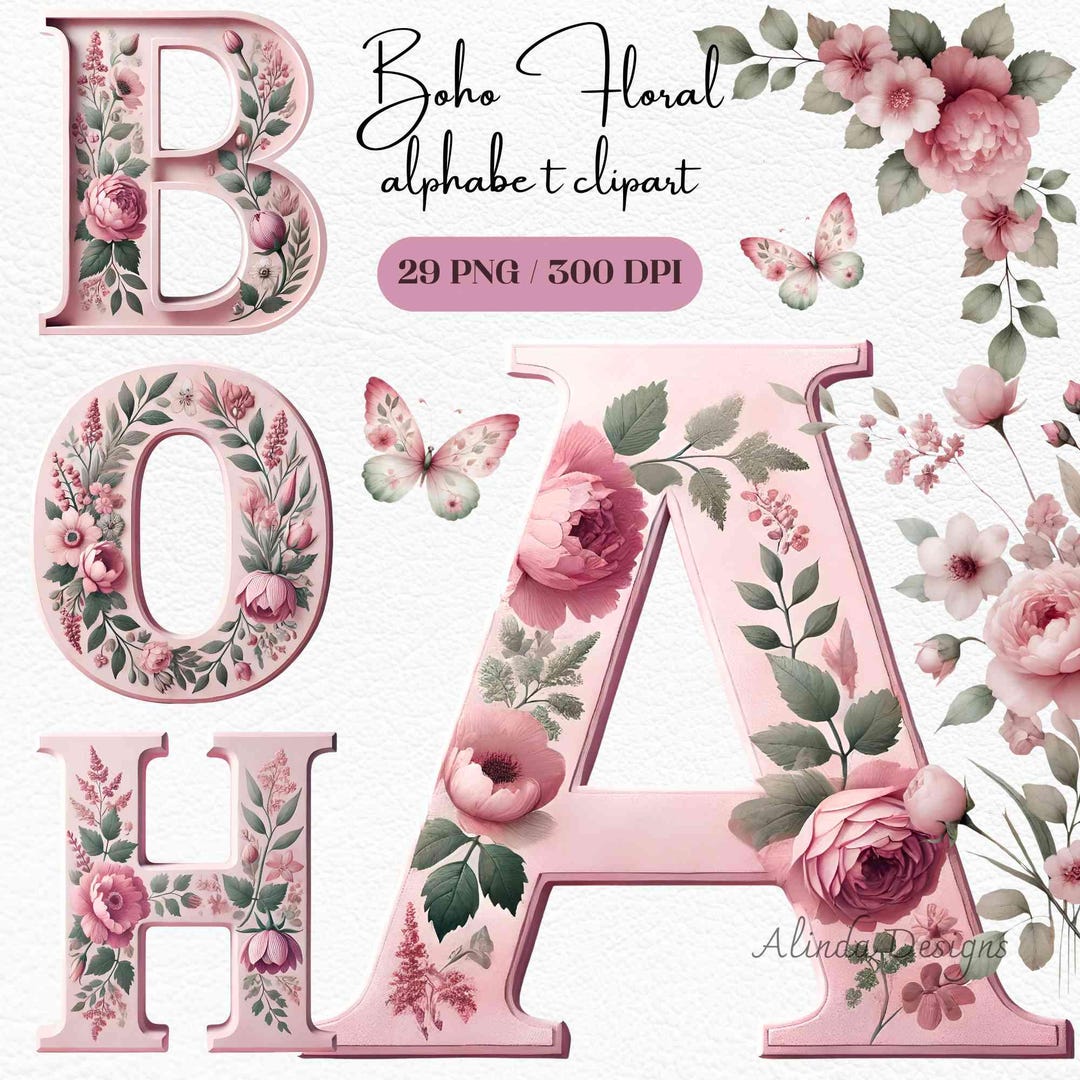 BOHO Floral Alphabet Clipart, Pink Botanical Letters PNG, Digital ...