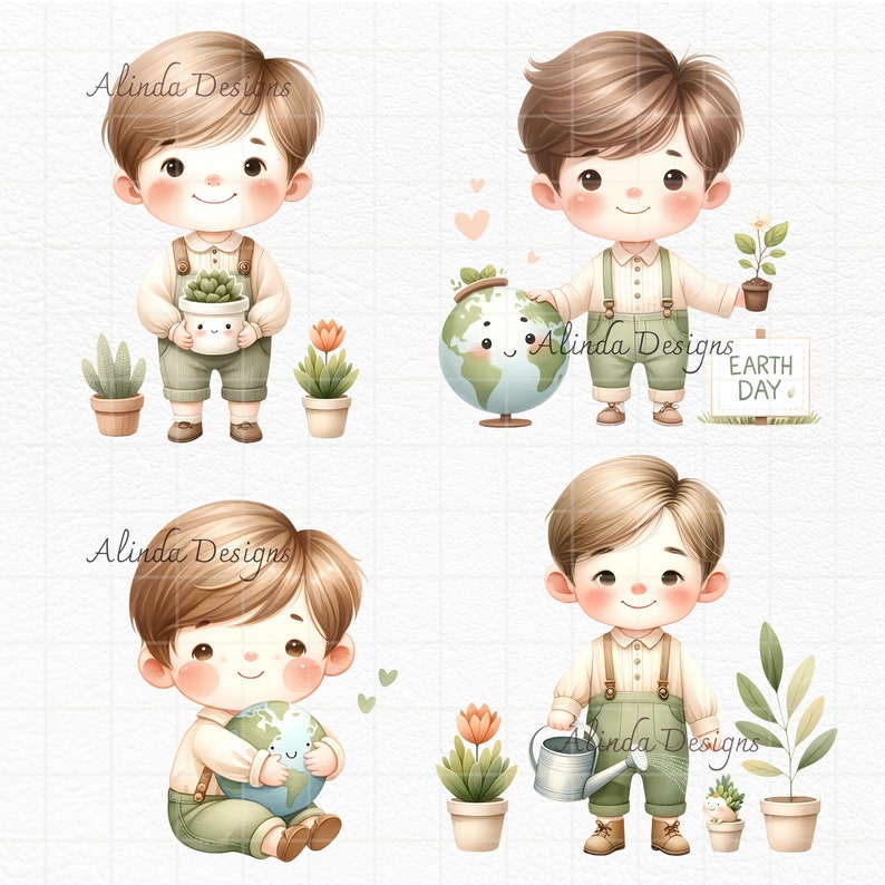 Earth Day Watercolor Clipart, Cute Kids & Planet Earth clipart, Eco ...