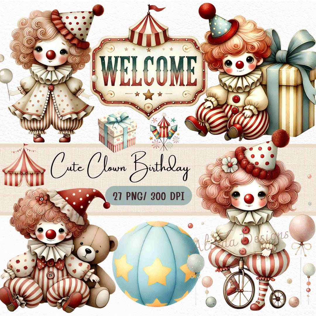 Clown Birthday Clipart, Circus Illustrations (digital Download) - Etsy