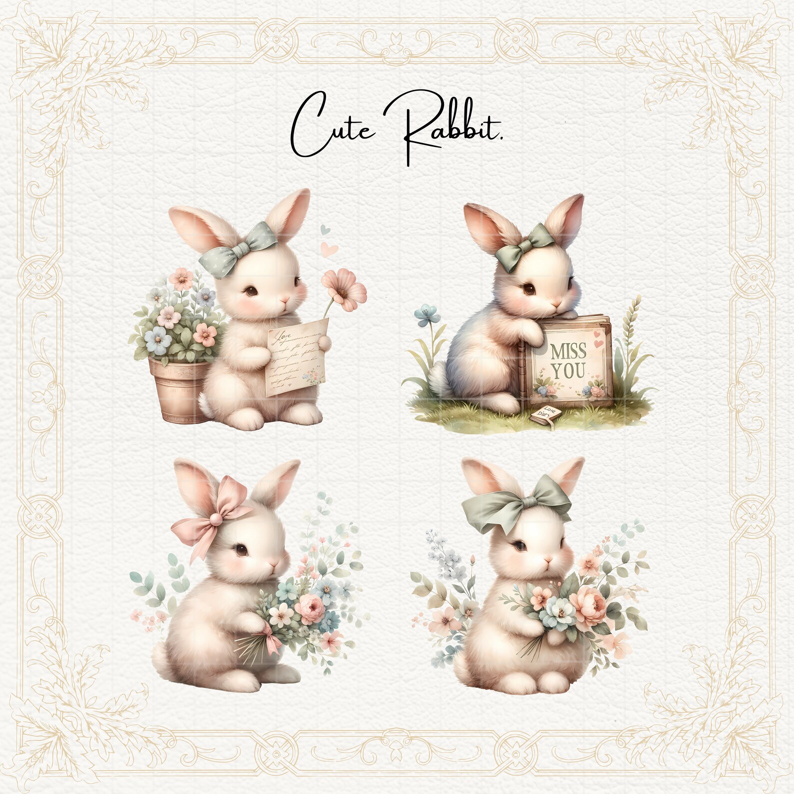 Bunnies Clipart, Nursery Spring Clipart, Children, Cherry Blossom ...
