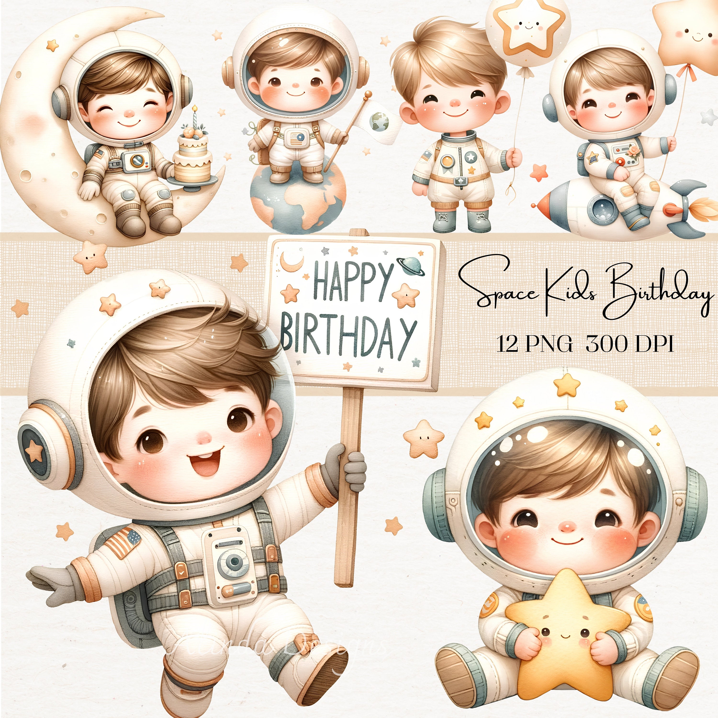 Watercolor Space Clipart for Kids Birthday, Space Party Decor ...