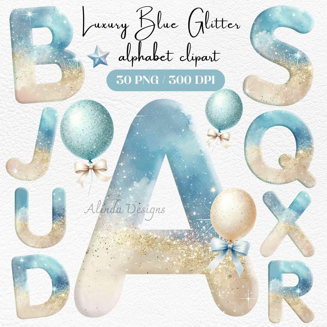 Pastel Blue Glitter Alphabet Clipart: Baby Shower Letters PNG - Etsy