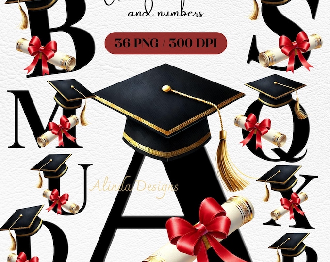 Graduation Alphabet Clipart: Black Cap, Green Ribbon (PNG Digital ...