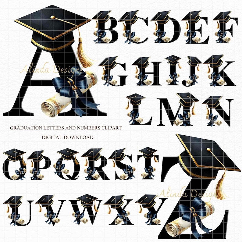 Graduation Alphabet PNG: Black & Gold Clipart Digital Download - Etsy