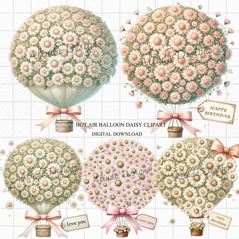 Daisy Hot Air Balloon Clipart: Watercolor Floral Pngs (digital Download ...