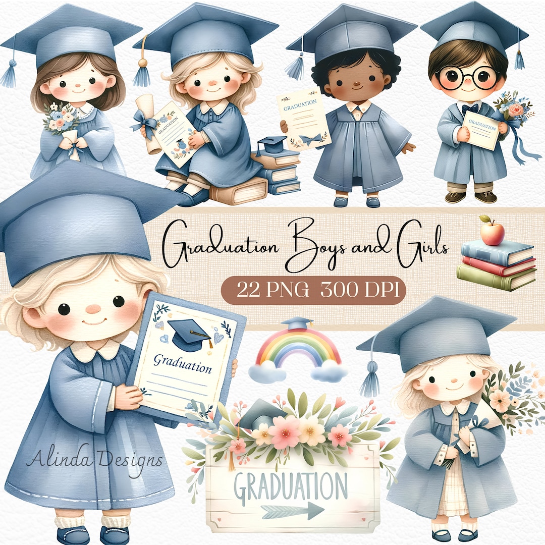 Graduation Clipart: Boys & Girls in Caps and Gowns (22 PNG) - Etsy
