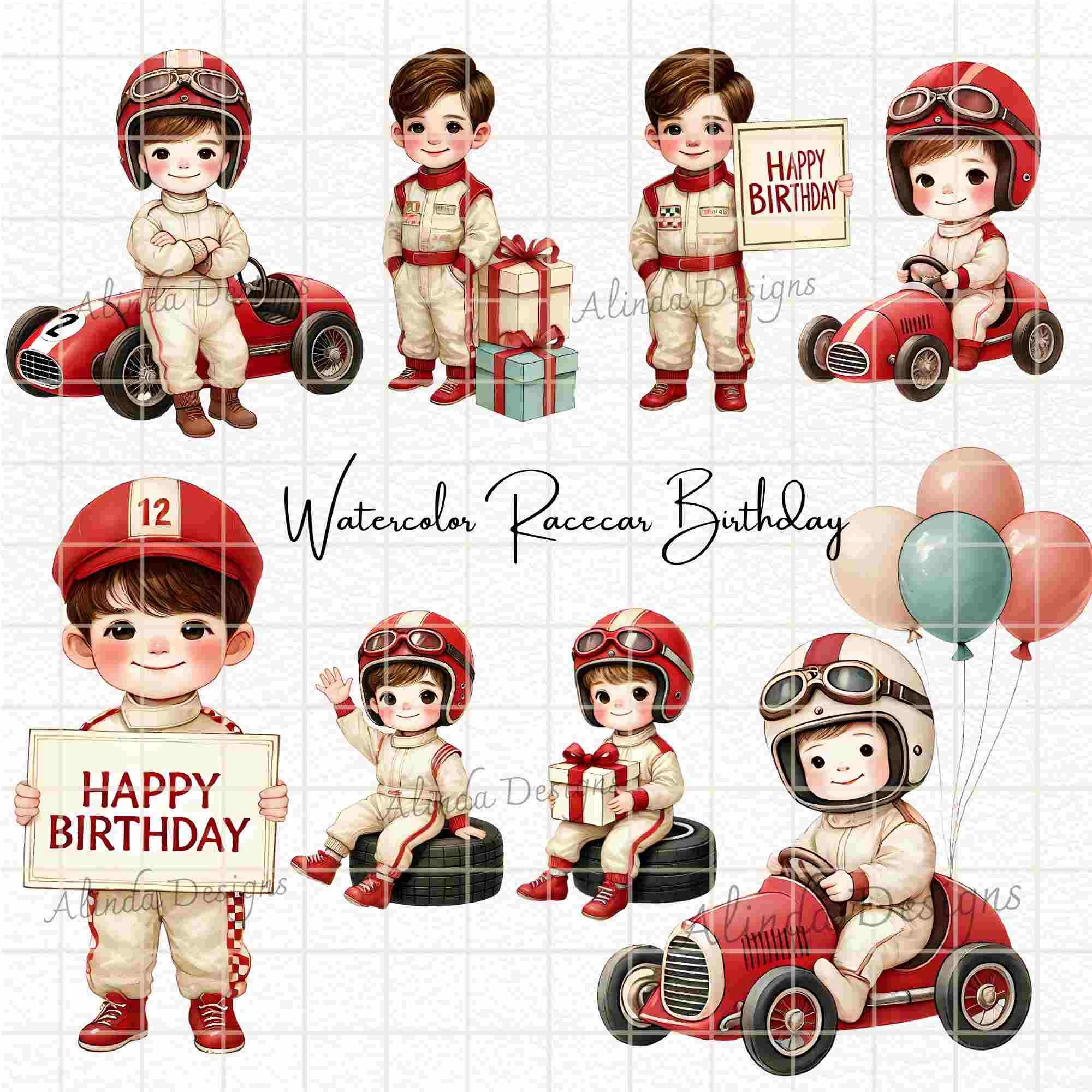 Watercolor Racecar Birthday Clipart, Kids Party Decor, Instant Download ...