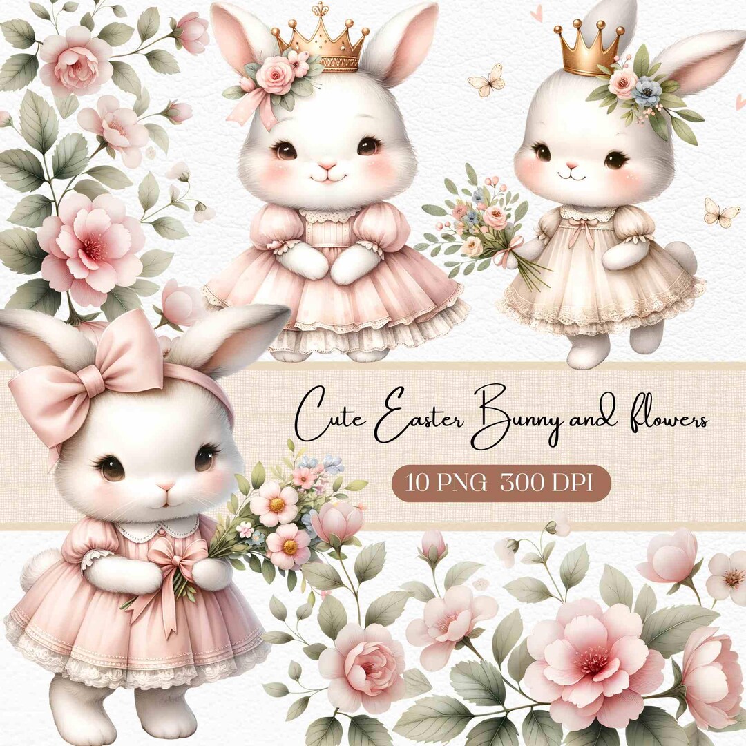 Cute Easter Bunny and Flowers Clipart, Spring Illustrations, Easter ...