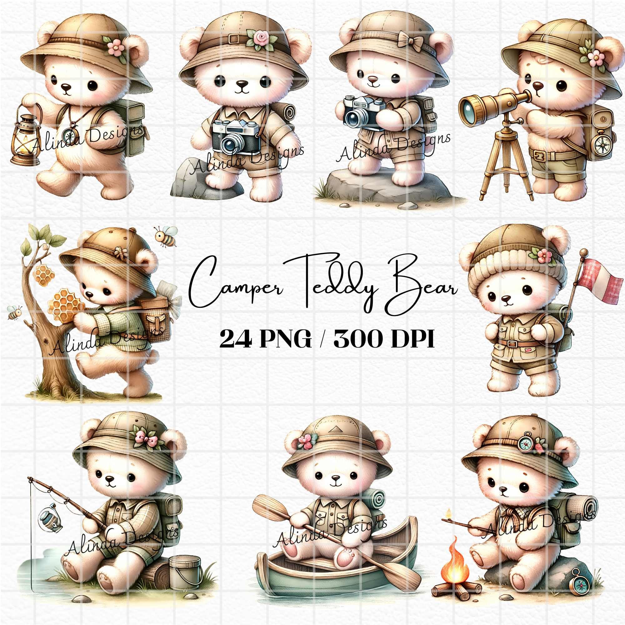 Adorable Camper Teddy Bear Clipart Set, Cute Camping Bear Digital ...