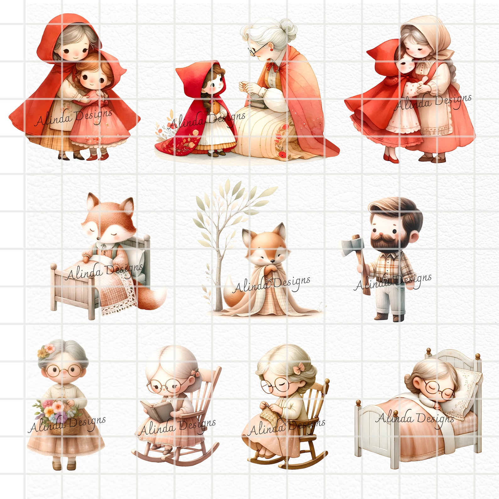 Watercolor Little Red Riding Hood Clipart: Fairy Tale PNG (digital ...
