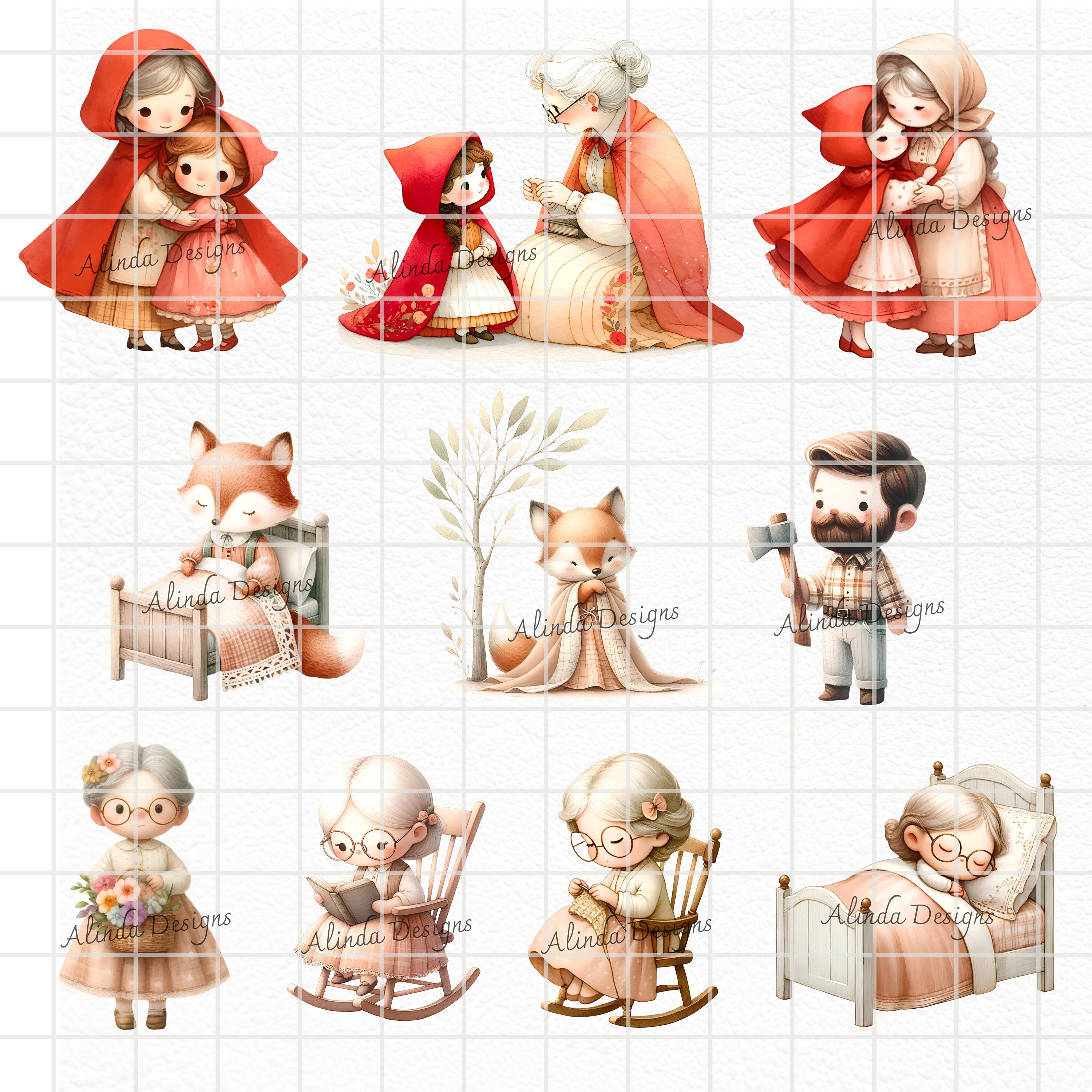 Watercolor Little Red Riding Hood Clipart: Fairy Tale PNG (digital ...