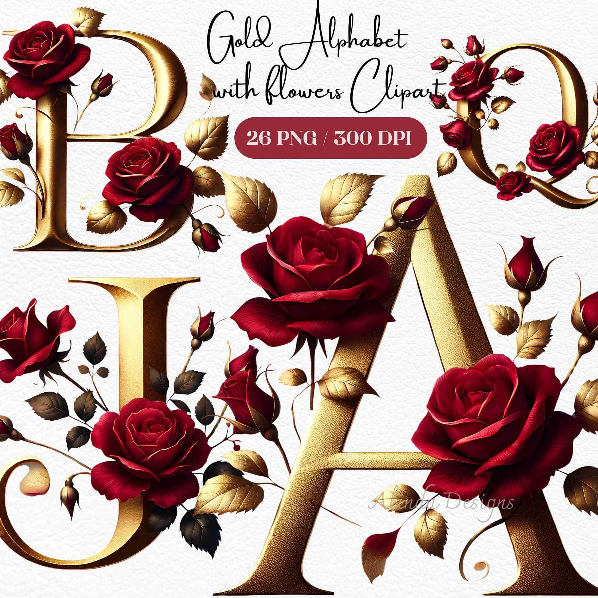 Gold Alphabet With Red Roses Clipart, Elegant Floral Letters, 26 PNG ...