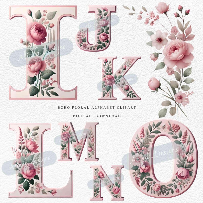 BOHO Floral Alphabet Clipart, Pink Botanical Letters PNG, Digital ...