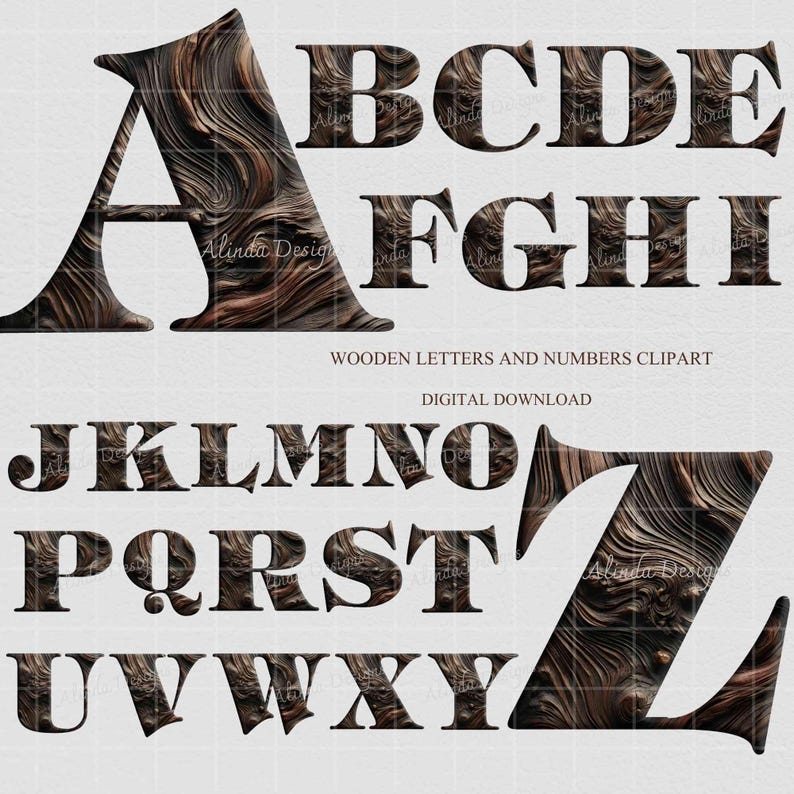 Dark Wood Texture Alphabet Clipart, Rustic Wooden Letters, Numbers PNG ...