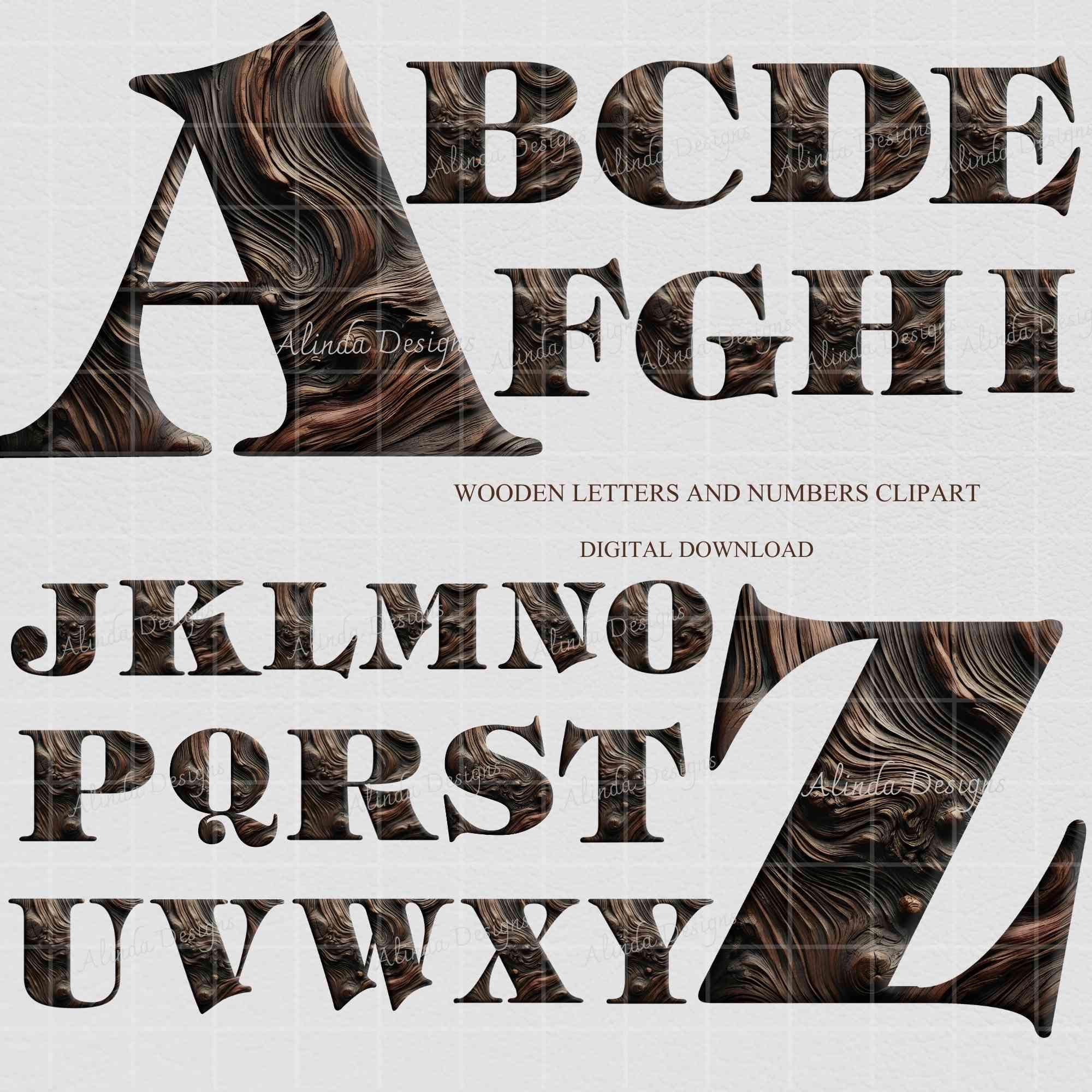 Dark Wood Texture Alphabet Clipart, Rustic Wooden Letters, Numbers PNG ...