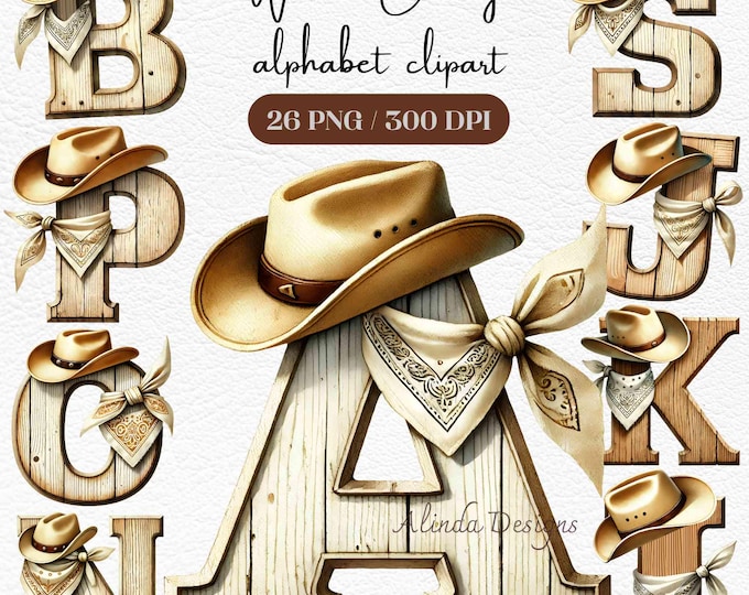Alphabet A to Z in Cowboy Theme, Watercolor Clipart, Commercial Use ...