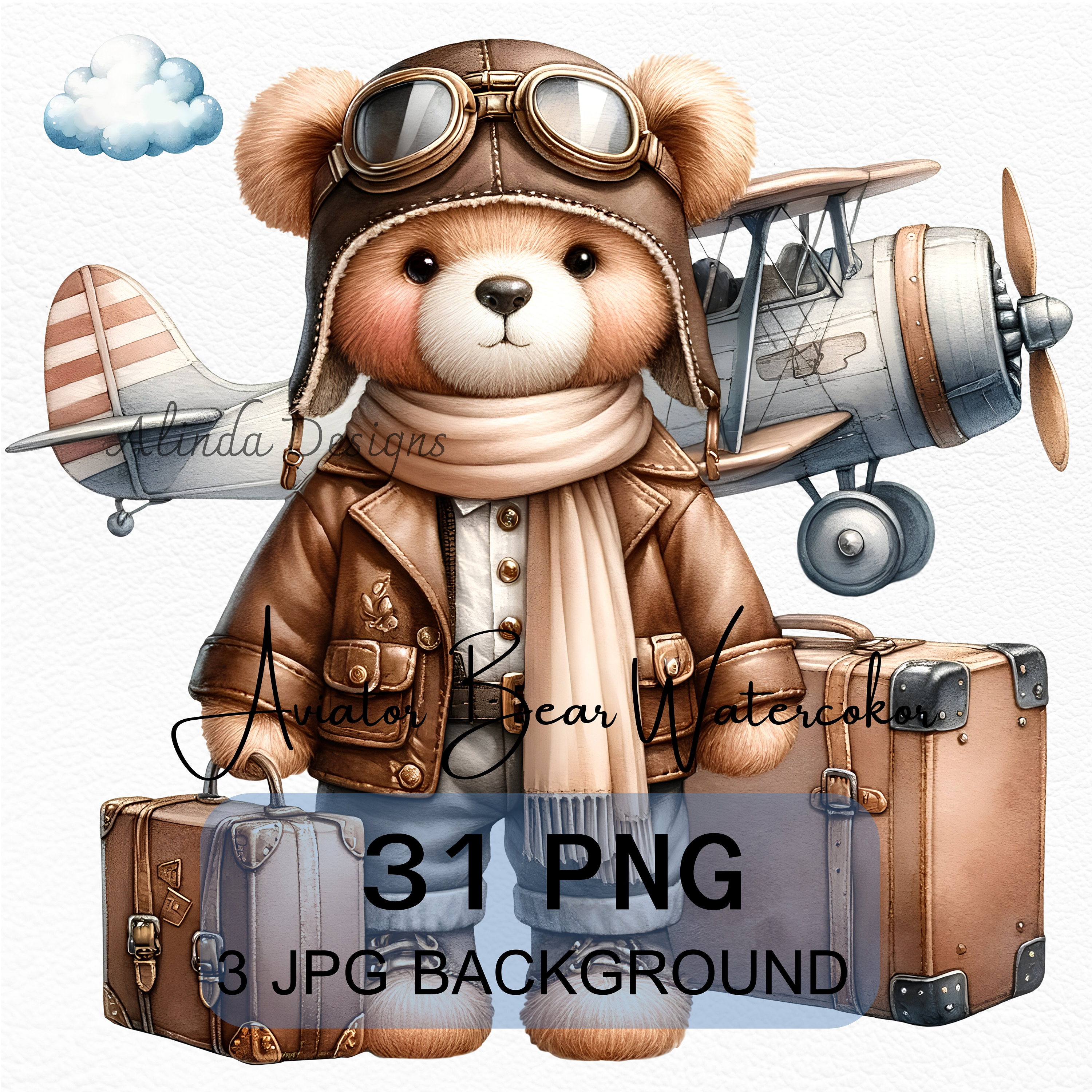 Aviator Bear Watercolor Clipart, Cute Pilot Teddy Bear Digital Art ...