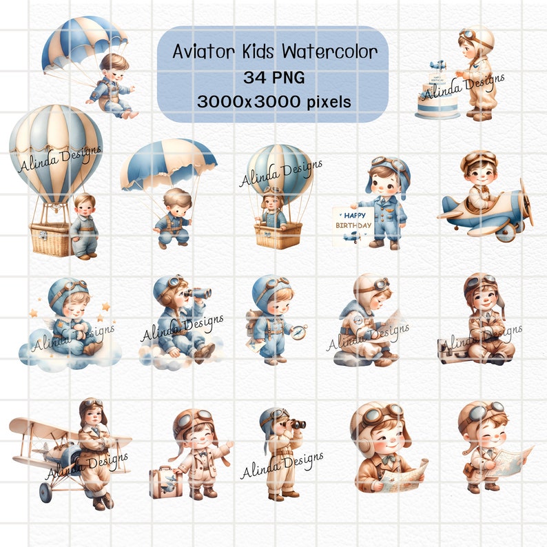 Watercolor Aviator Kids Clipart Set: Vintage Airplane Pilot ...